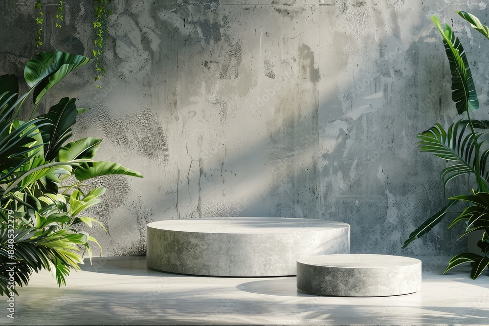 Two concrete podiums in a room with green plants and a concrete wall ...