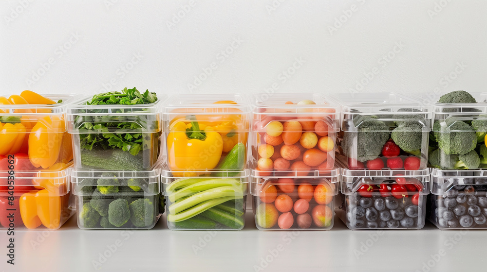 Food market. A counter with plastic containers filled with vegetables ...