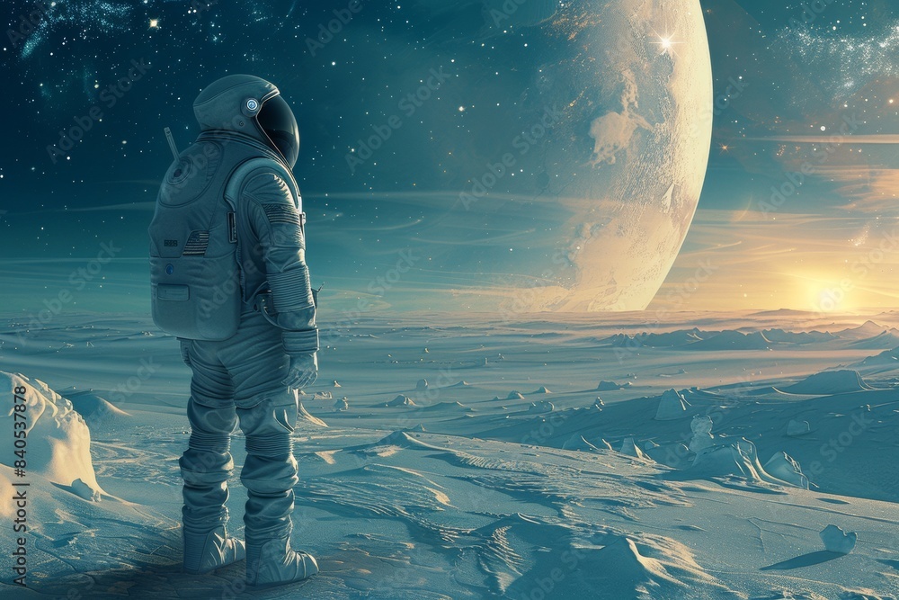 Astronaut on a cold snowy planet. Winter snowy landscape of Antarctica ...