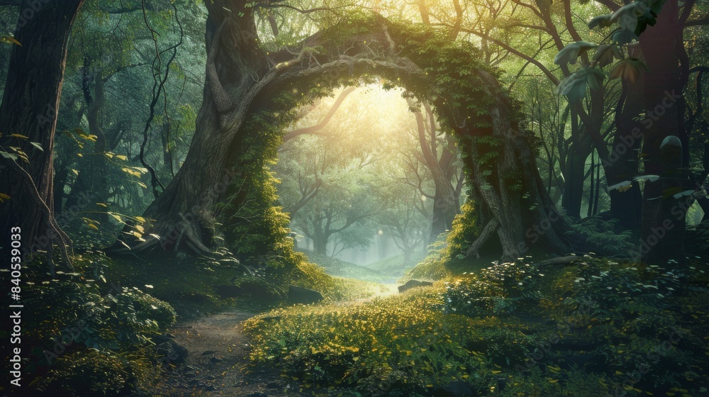 Magic mirror, portal to another world, dark forest with a mysterious ...