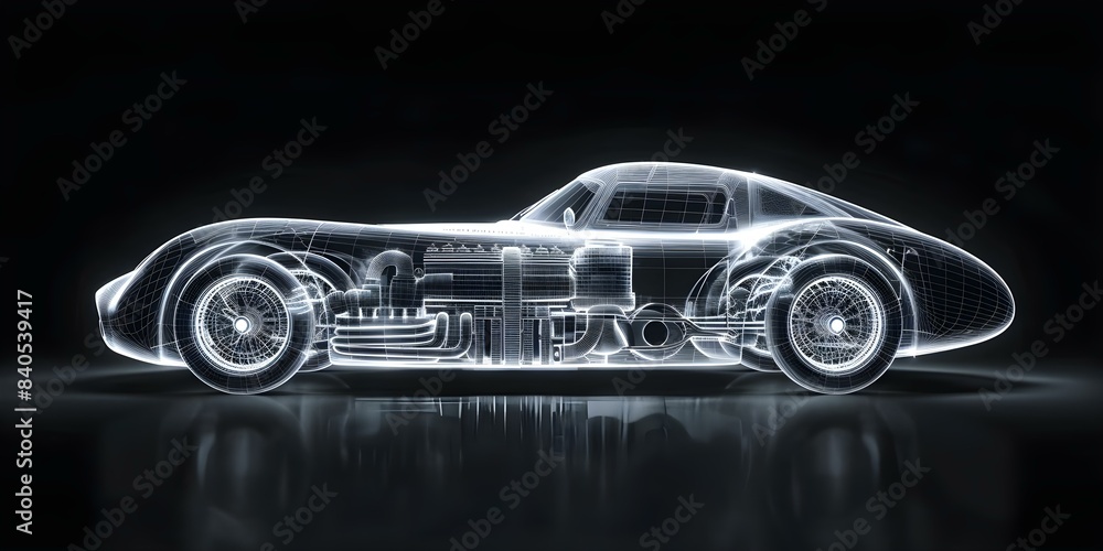 Wireframe Style Rendering of a Modern Piston Engine Car on a Black ...