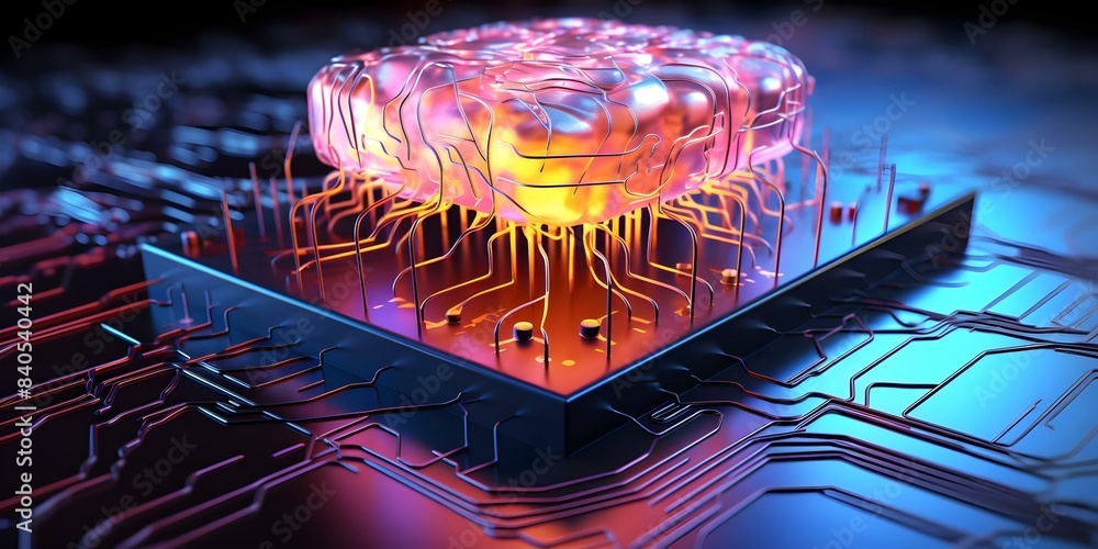 Symbolism of AI Technology and Human Intelligence in Neon Brain Circuit Board Setting. Concept ...