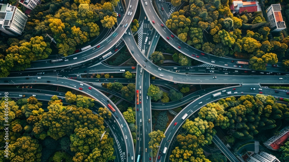 From an aerial view, an aerial top view shows a multilevel junction ...