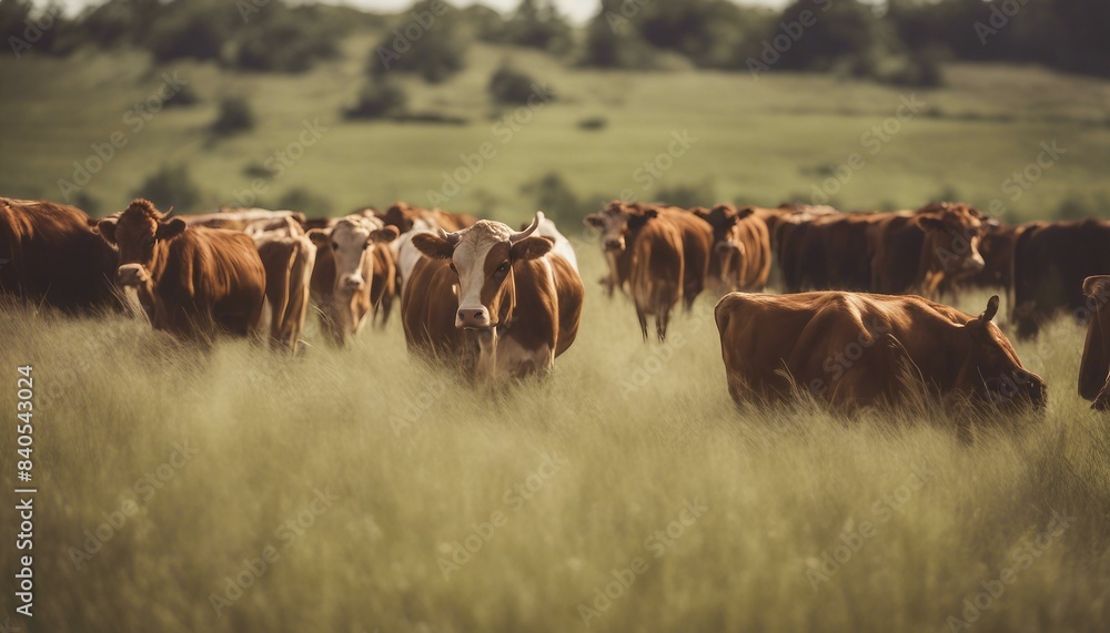 A herd of brown cows in a lush green pasture with tall grass, at least ...