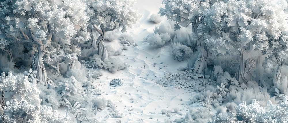 Illustrate a birds-eye view of a tranquil forest clearing, with a ...