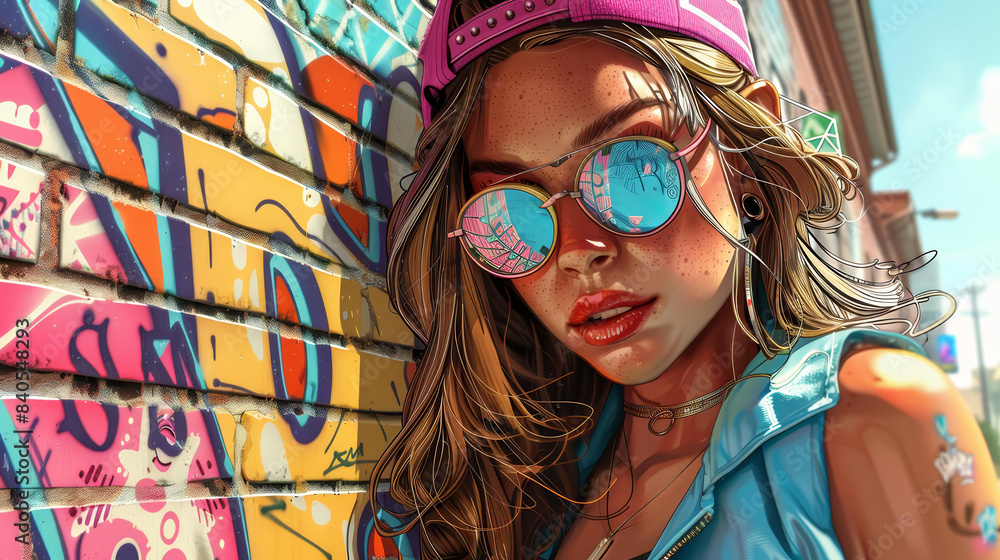 Illustrate a trendy street scene from the 2000s with a worms-eye view ...