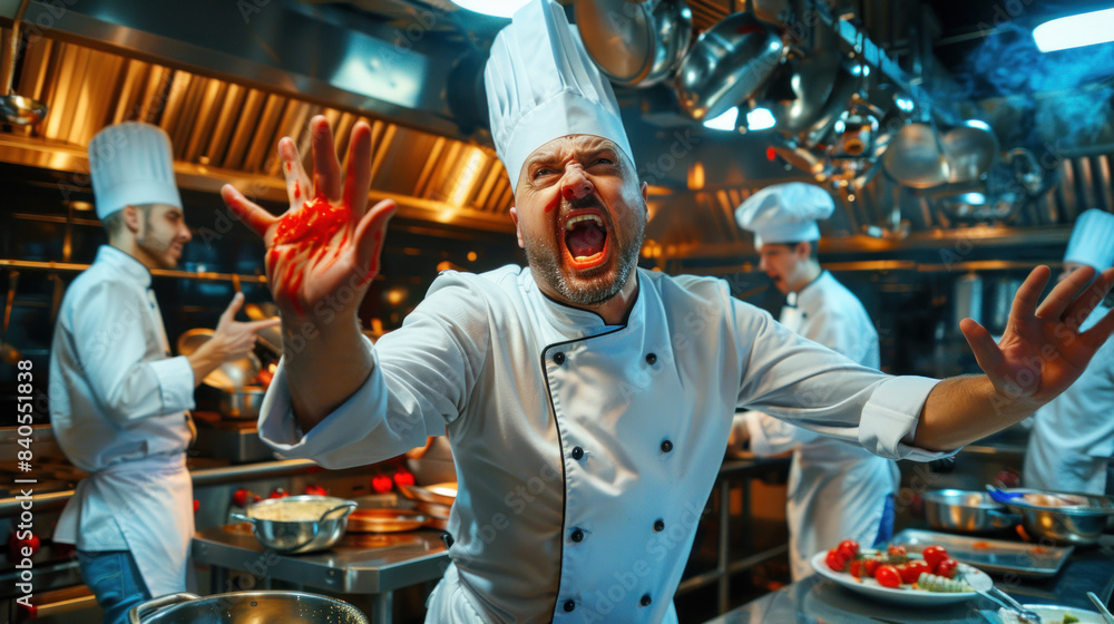 Restaurant cook has cut his hand badly and is shouting in pain ...