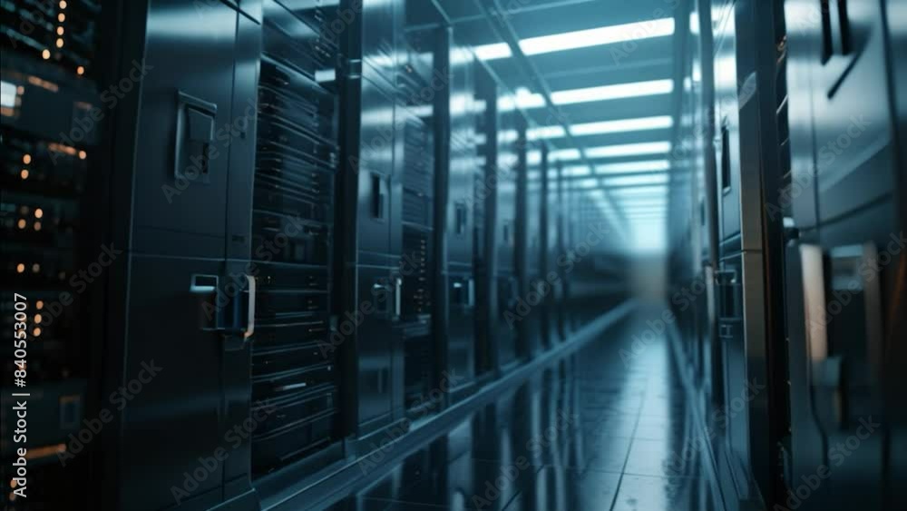 A sleek and advanced data center corridor with rows of illuminated ...