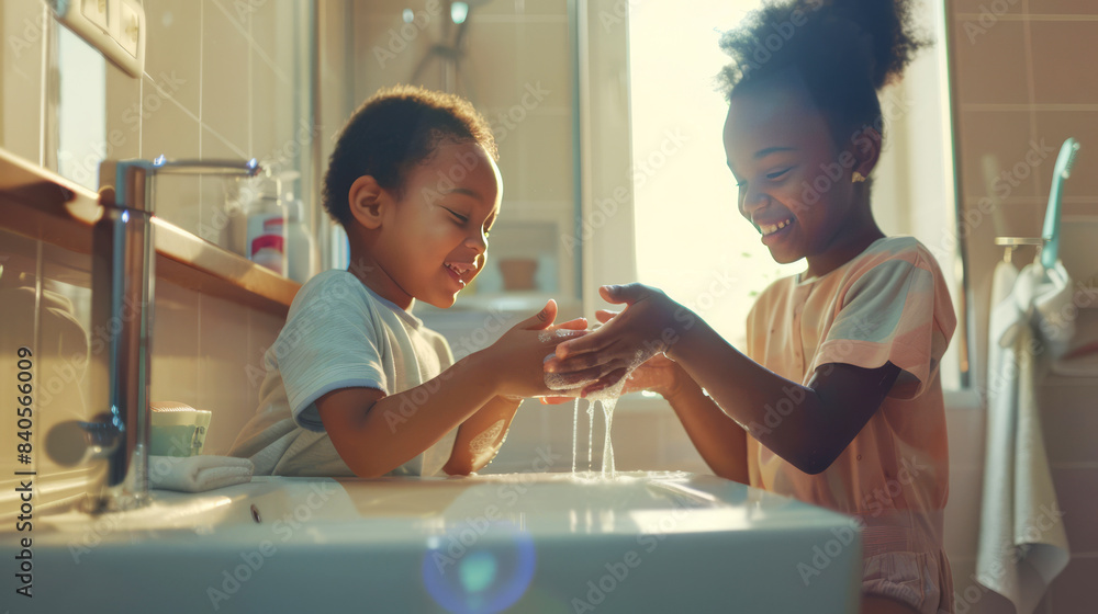 Young children washing hands together under the guidance of a caregiver ...