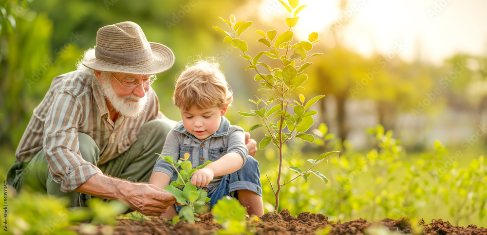 Grandfather with his grandson plants a tree sapling in the garden ...