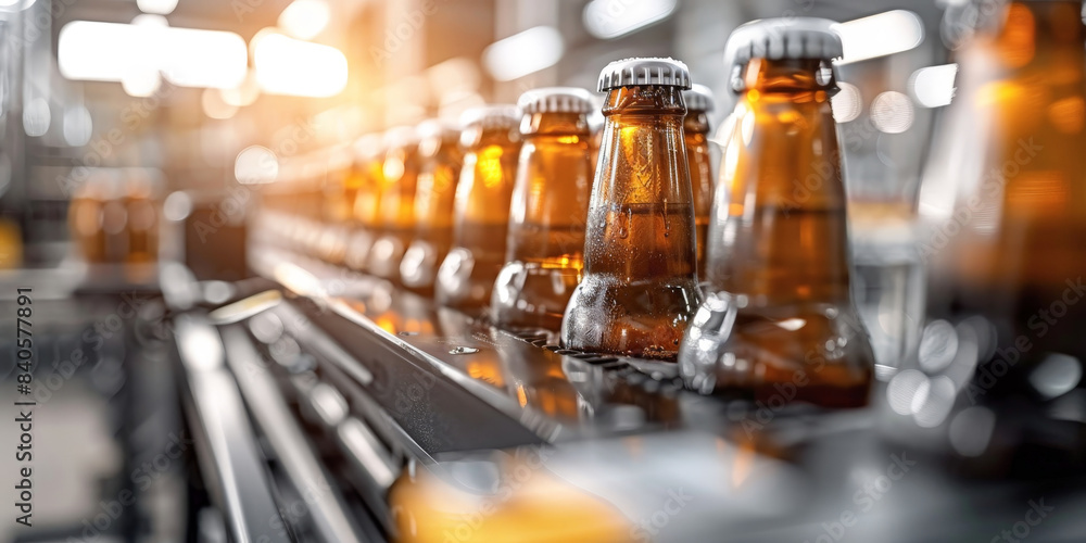 Beer bottles moving along a production line in a modern brewery ...