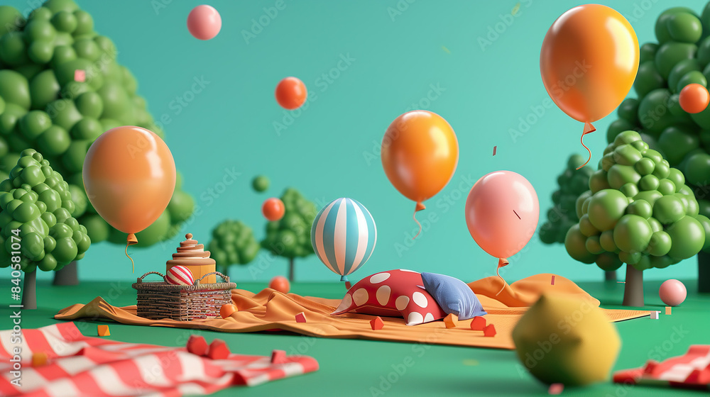 3D cartoon balloon fiesta with a picnic area and blanke Stock ...
