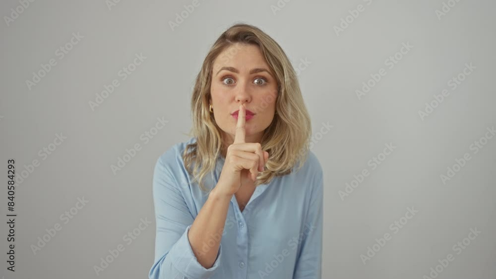 Stunning blonde woman in a relaxed pose, wearing shirt, gesturing 'shh ...