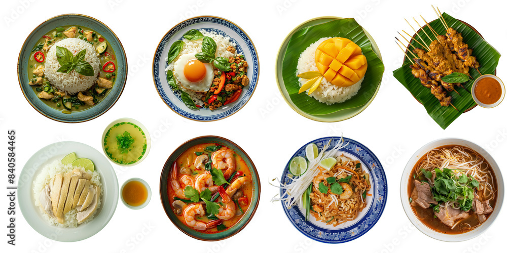 Thai food of 8 types, Chicken Green Curry, Khao Pad Krapow, Mango ...