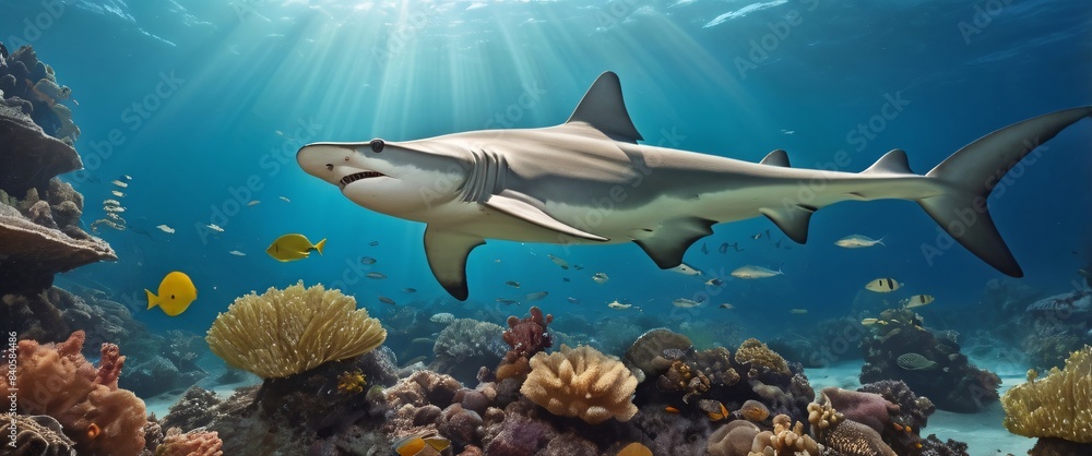 Hammerhead shark and coral and fish, shiny aura, highly detailed, gold ...