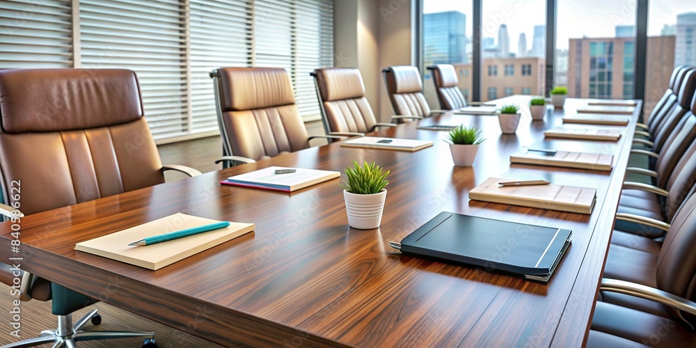 Business meeting background with conference table, chairs, notepads ...