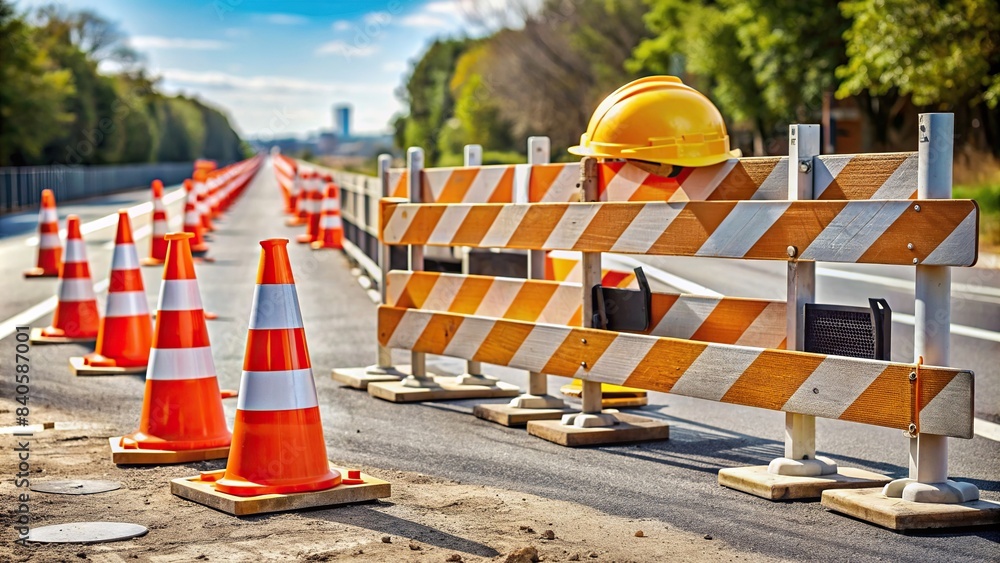 Under construction road barrier with traffic signs, cones, and hard hat ...