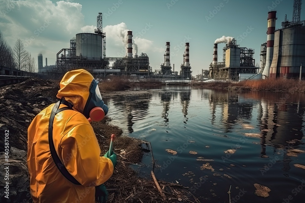 Personnel wearing an orange radioactive protective suit testing the ...