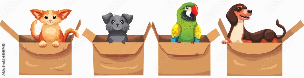 Cute pet dogs, parrots, and cats. Modern cartoon set of funny domestic ...