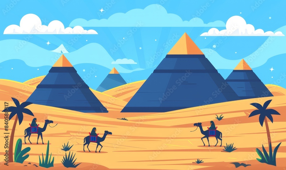 Pyramids in the desert flat modern illustration. Egyptian landscape ...
