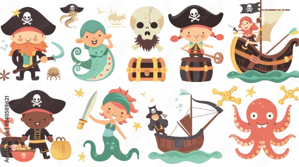 Pirate ship, treasure chest, cannon, parrot, anchor, anchor flag, kids ...
