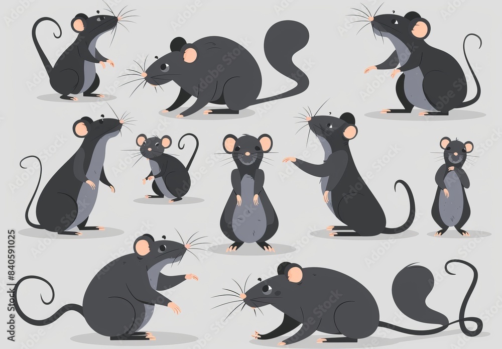 Cute cartoon clipart set of rats. Rat poses and exercises. Stock ...