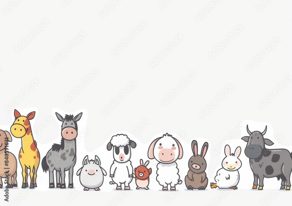 Front and rear views of a farm animals border set, line art Stock ...