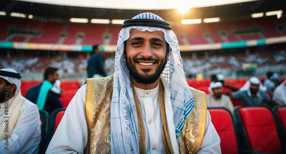 Smiling Arab football fan supporting Saudi Arabia national team in ...