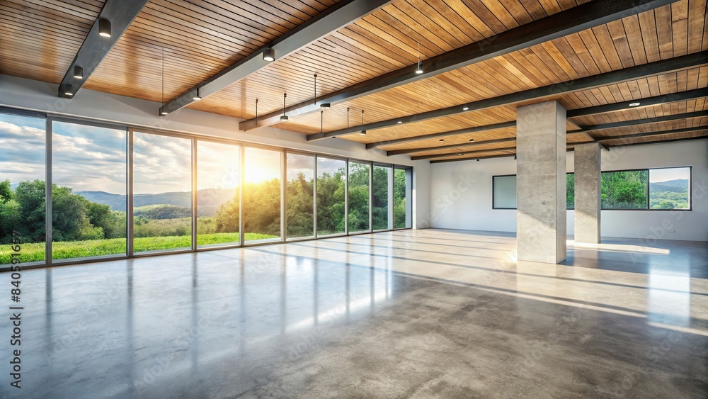 Contemporary empty hall overlooking living room with concrete floors ...