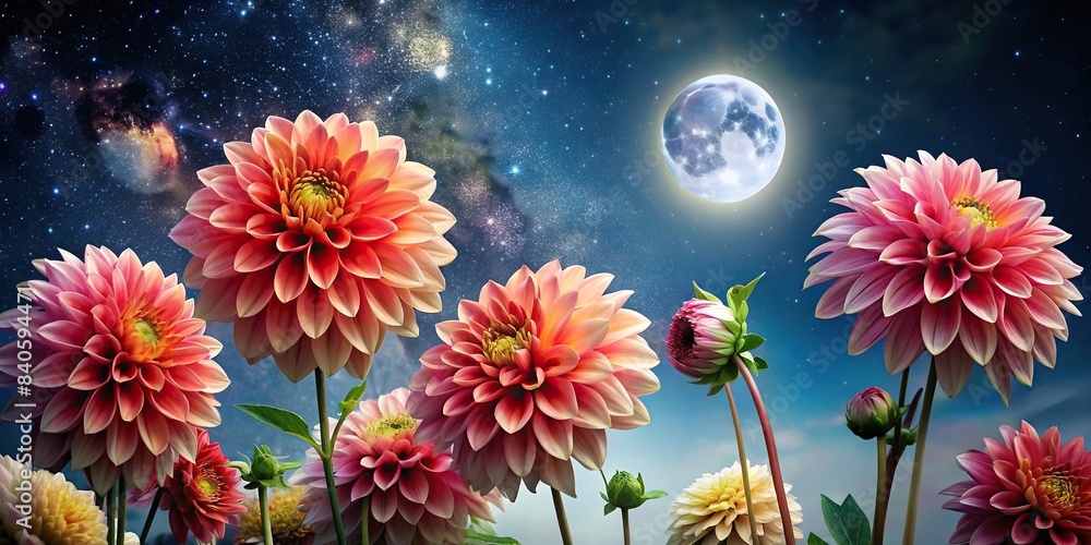 Dahlia flowers reaching towards the moon, their petals glistening in ...