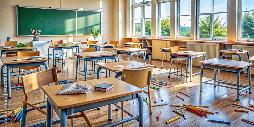 Empty classroom with scattered school books and broken pencil ...