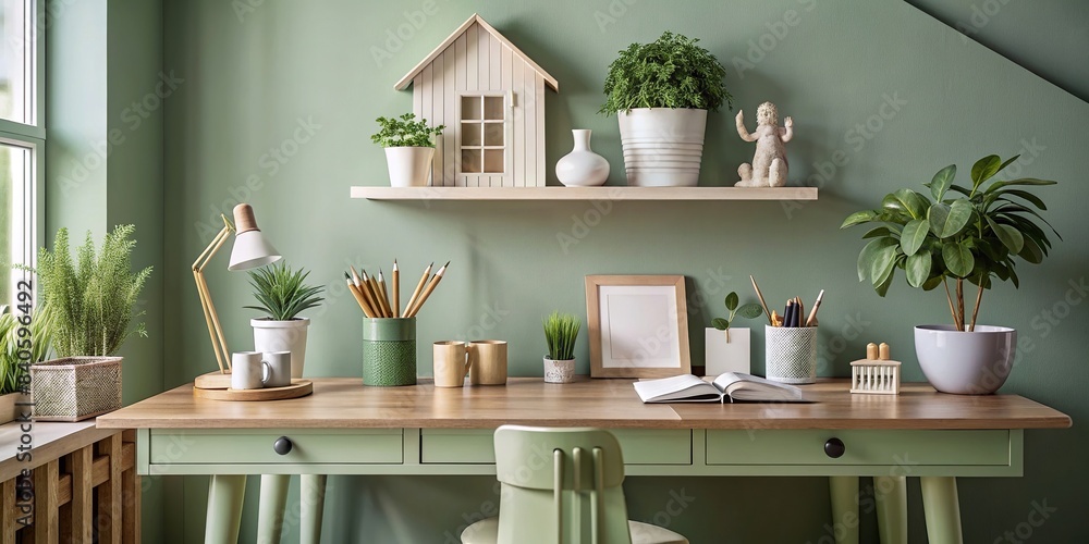 Stylish sage green home office desk with supplies, pencils, house ...