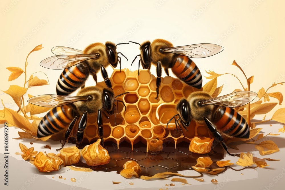 Queen bee and worker bees flat design, front view, hive hierarchy theme ...
