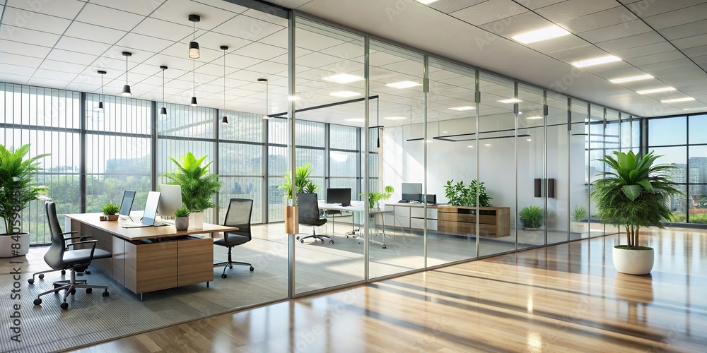 Bright and spacious office interior with reflective glass partitions ...