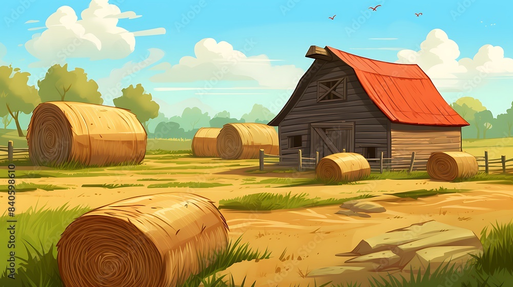 Farm-themed cartoon barn design featuring straw bales and hay piles ...