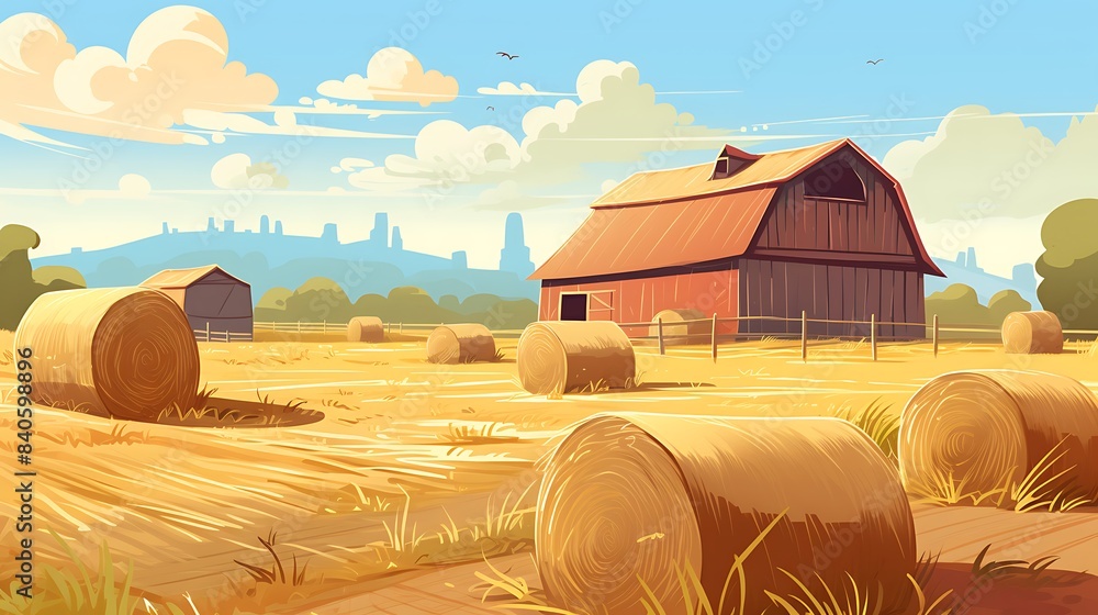 Farm-themed cartoon barn design featuring straw bales and hay piles ...