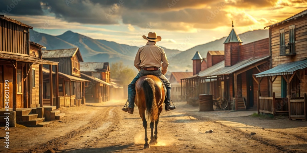 Back view of cowboy riding on horse in wild west town, western, movie ...