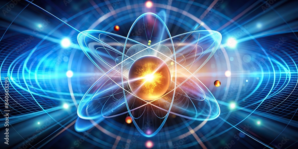 An abstract technology background depicting an unstable atom nucleus ...
