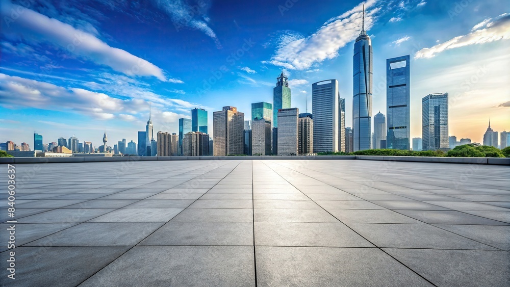 Empty square floor with city skyline and building background, urban ...