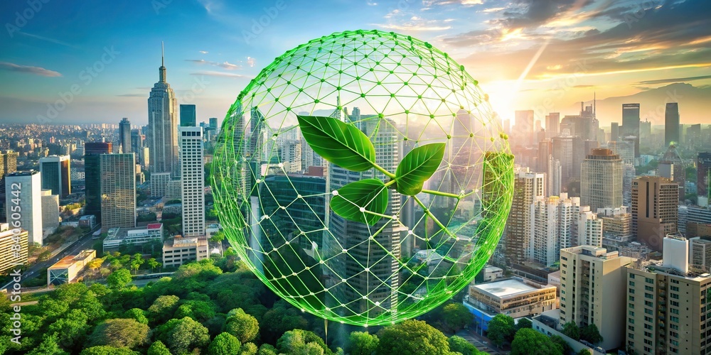A cityscape with green net zero icon symbolizing a climate neutral long ...
