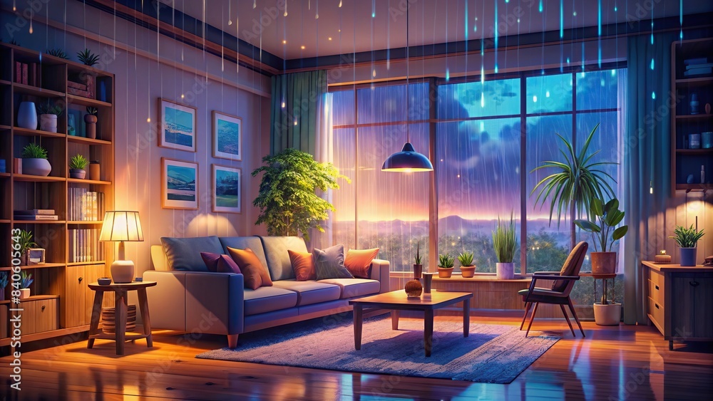 Virtual cozy lo-fi living room with animated rainstorm background ...