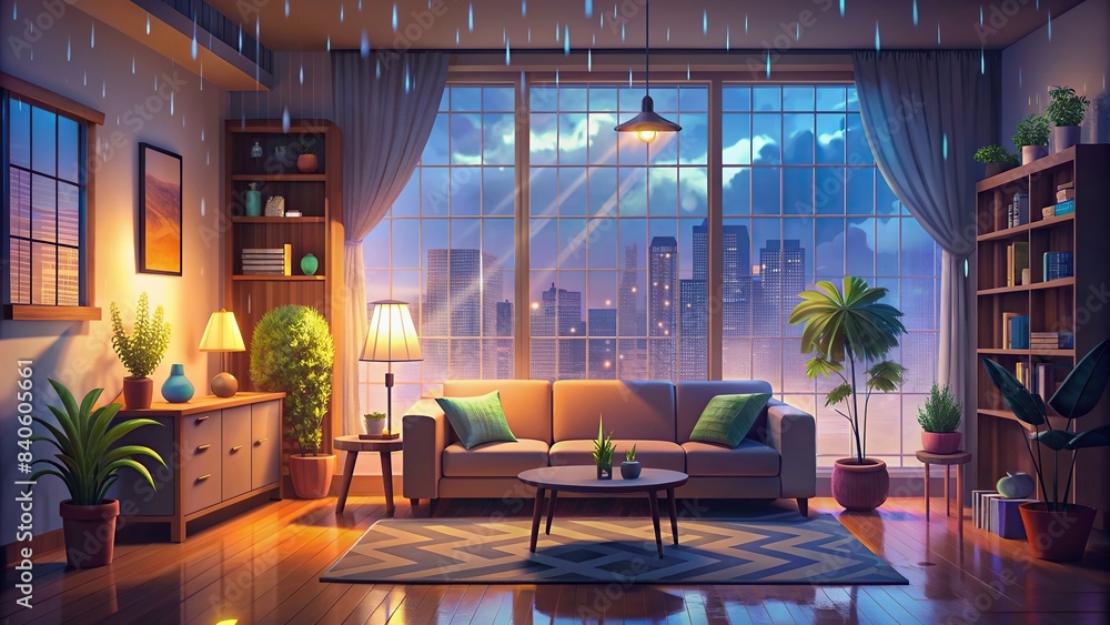 Virtual cozy lo-fi living room with animated rainstorm background ...