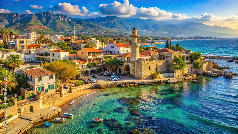 Idyllic coastal village in Northern Cyprus with beautiful beaches and traditional architecture ...
