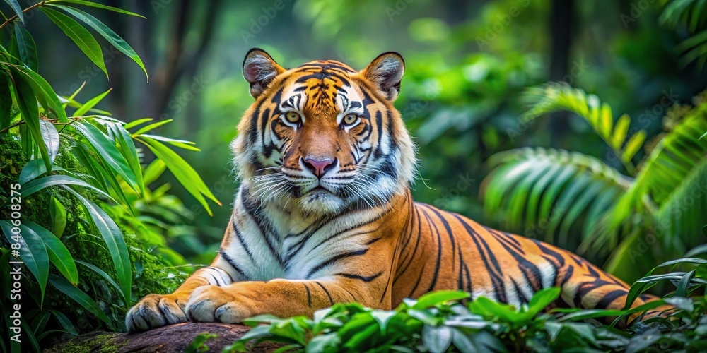 Majestic tiger resting in a lush green jungle , wildlife, predator, fur ...