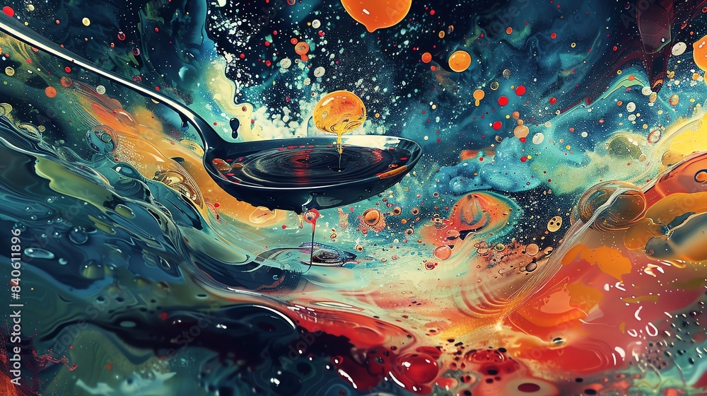 Produce a surrealistic scene of a giant floating spoon stirring a ...