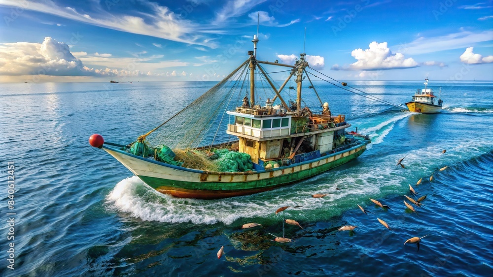 A fishing boat equipped with nets, harvesting fish on the open seas ...