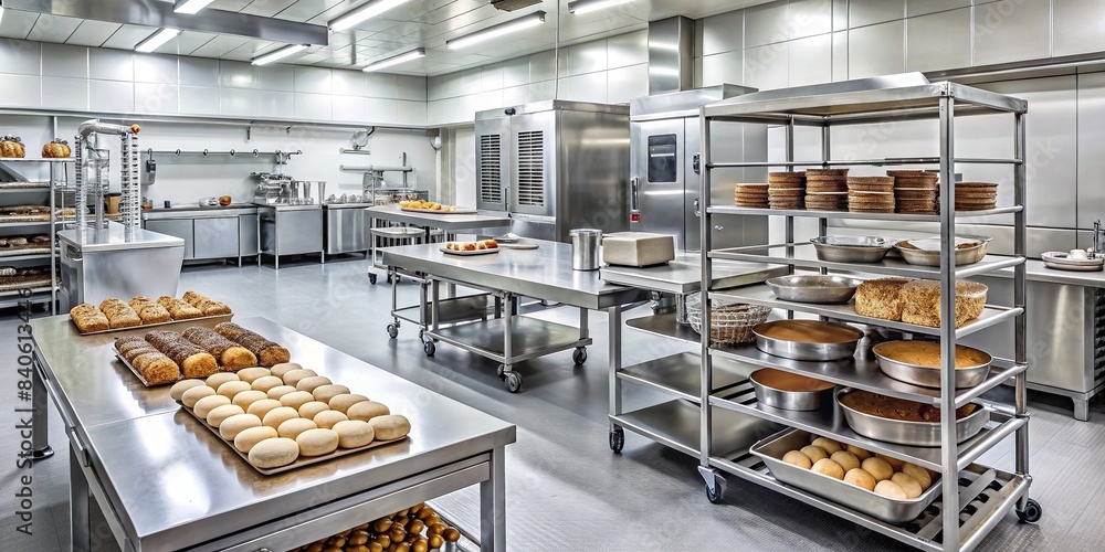 Professional bakery kitchen with stainless steel equipment and ...