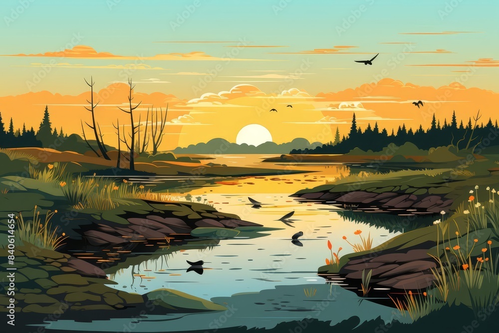 Wetland ecosystem functions flat design, front view, environmental ...