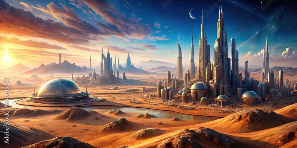 Futuristic alien landscape with a city in the desert, ideal for a ...
