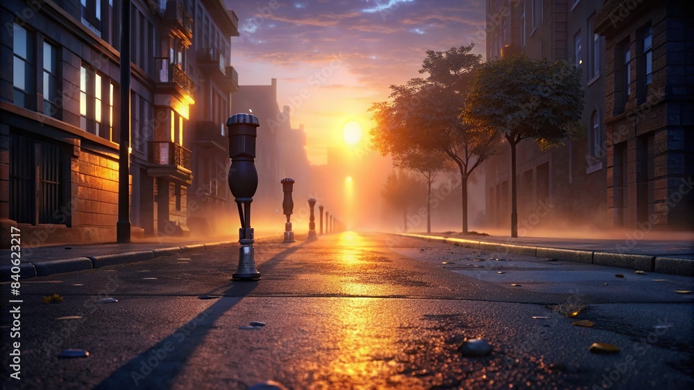 Empty street with evening sun shining, showing twin footprints and a ...